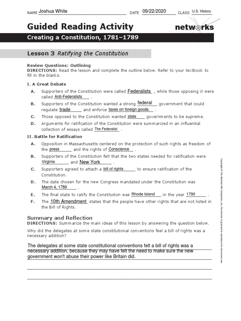Netw Rks Guided Reading Activity: Lesson 3 Ratifying The Constitution ...