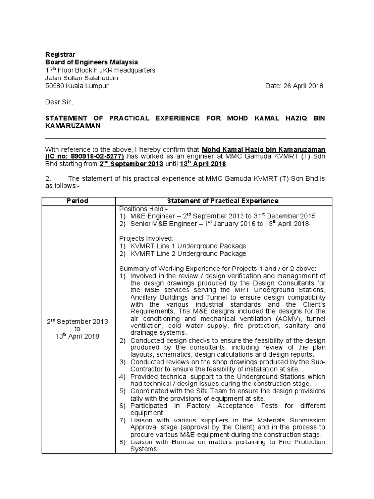 BEM Form A4 Submission - Statement of Practical Experience - Sample ...
