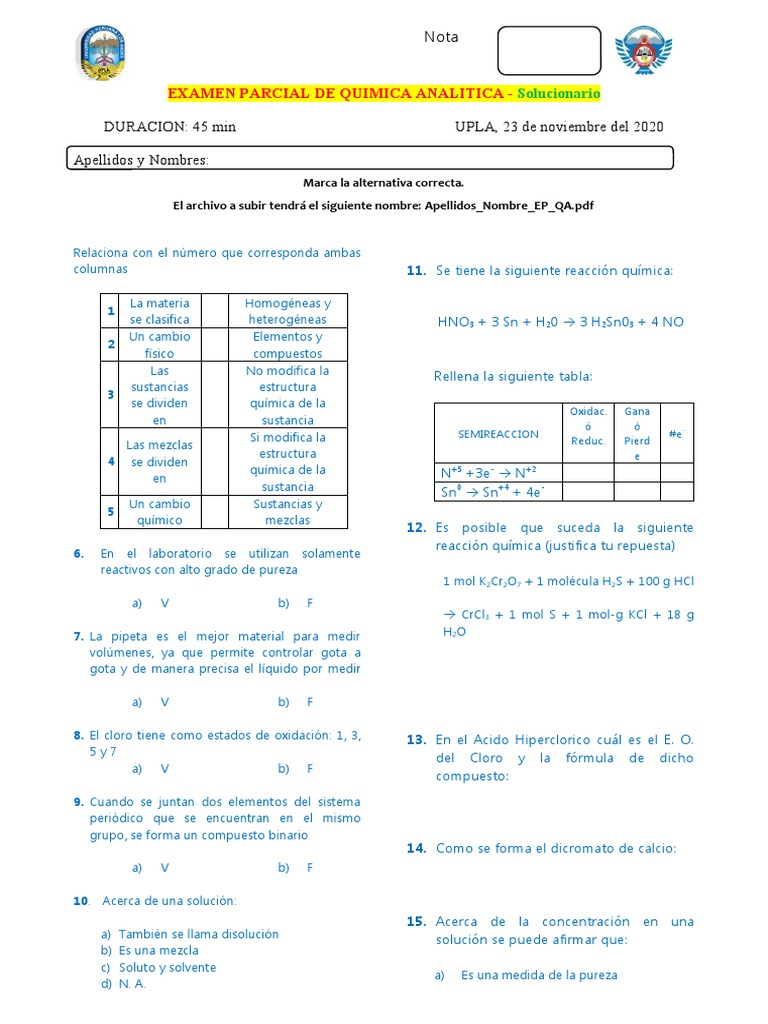 Examen Parcial Quimica Analitica 2020 - 2 | PDF | Concentración | Química
