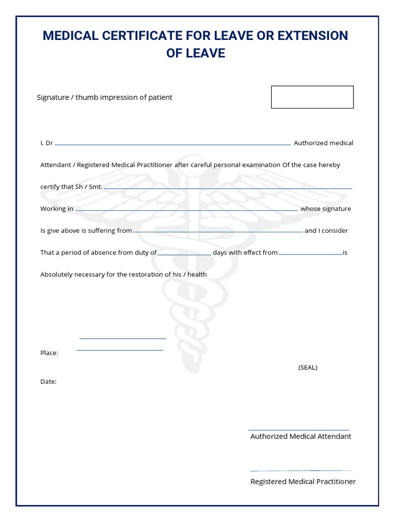 Medical Certificate For Leave or Extension of Leave: Signature / Thumb ...