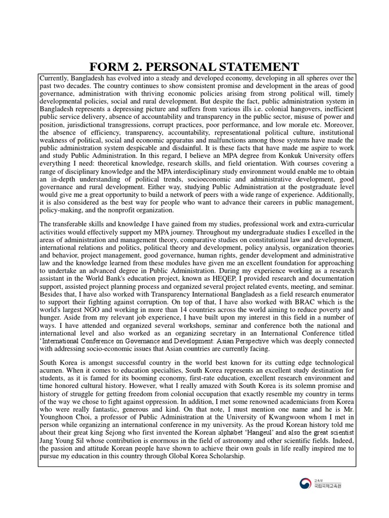 GKS Scholarship Personal Statement: MPA Aspirations | PDF | Public ...