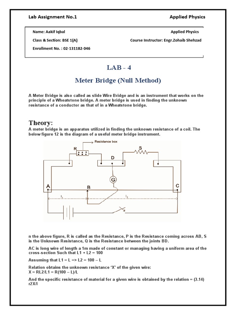 Lab - 4 Meter Bridge (Null Method) : Theory | PDF | Electrical ...