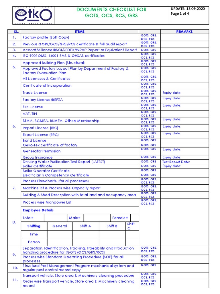 Audit Checklist GOTS OCS GRS RCS | PDF | Labour Economics | Materials
