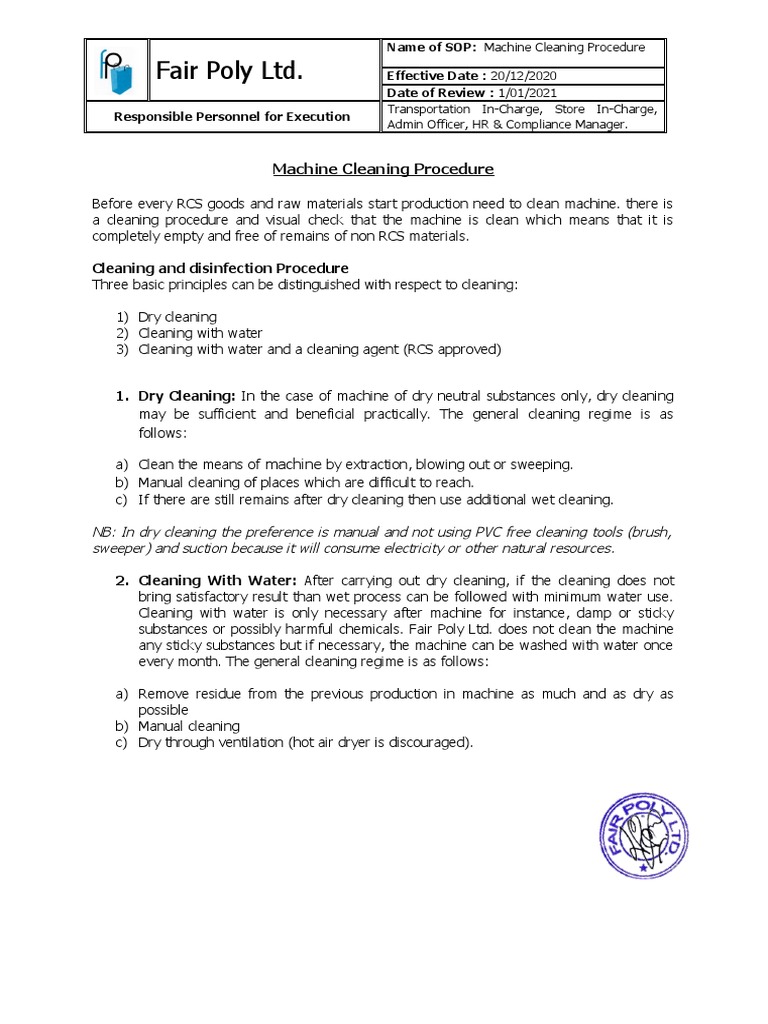 Machine Cleaning SOP Guide | PDF | Water | Chemistry