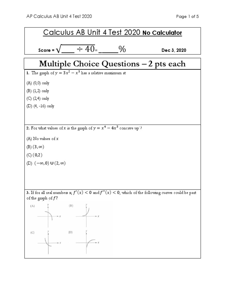 Multiple Choice Questions - 2 Pts Each: Calculus AB Unit 4 Test 2020 ...