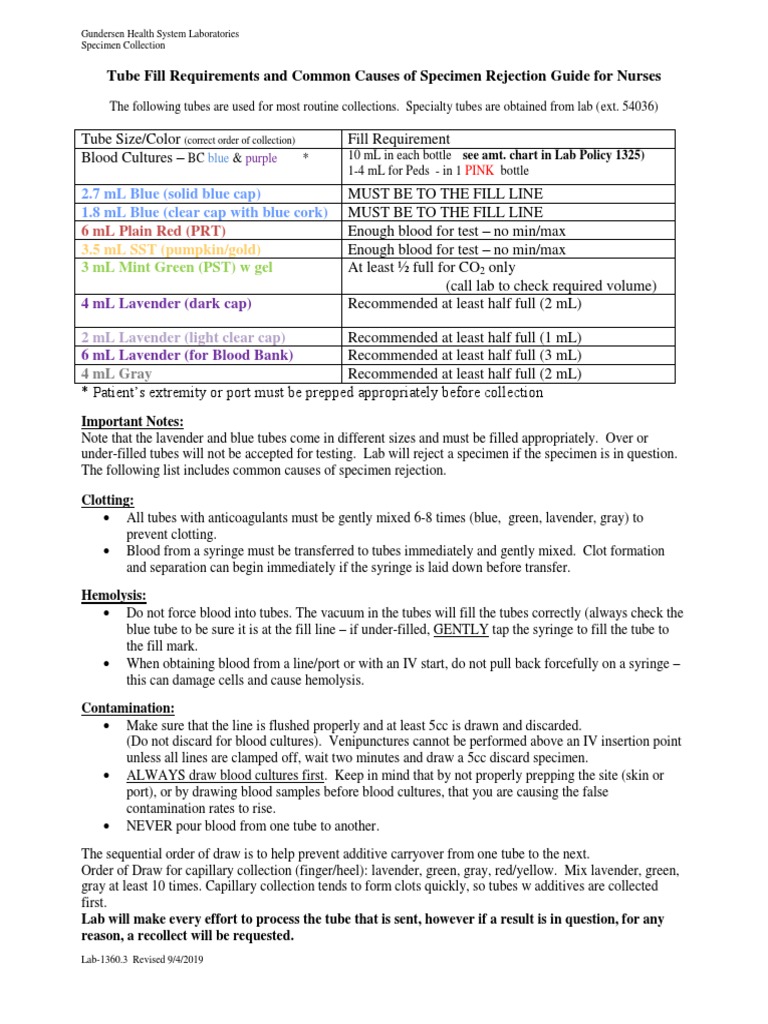 Laboratory Tube Fill Requirements | PDF | Health Sciences | Clinical ...