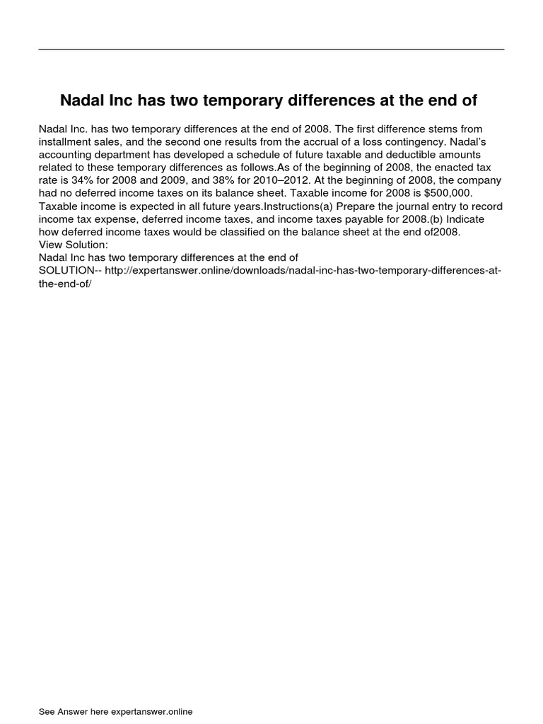 Nadal Inc Has Two Temporary Differences at The End of | PDF