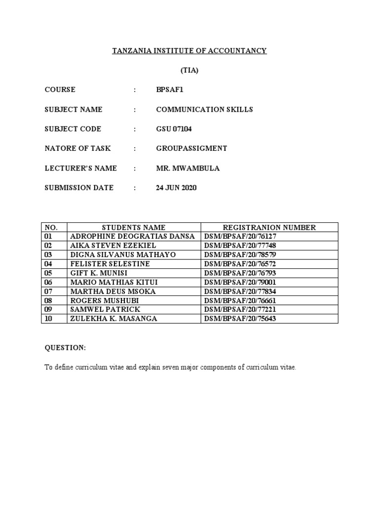 To Define Curriculum Vitae and Explain Seven Major Components of ...