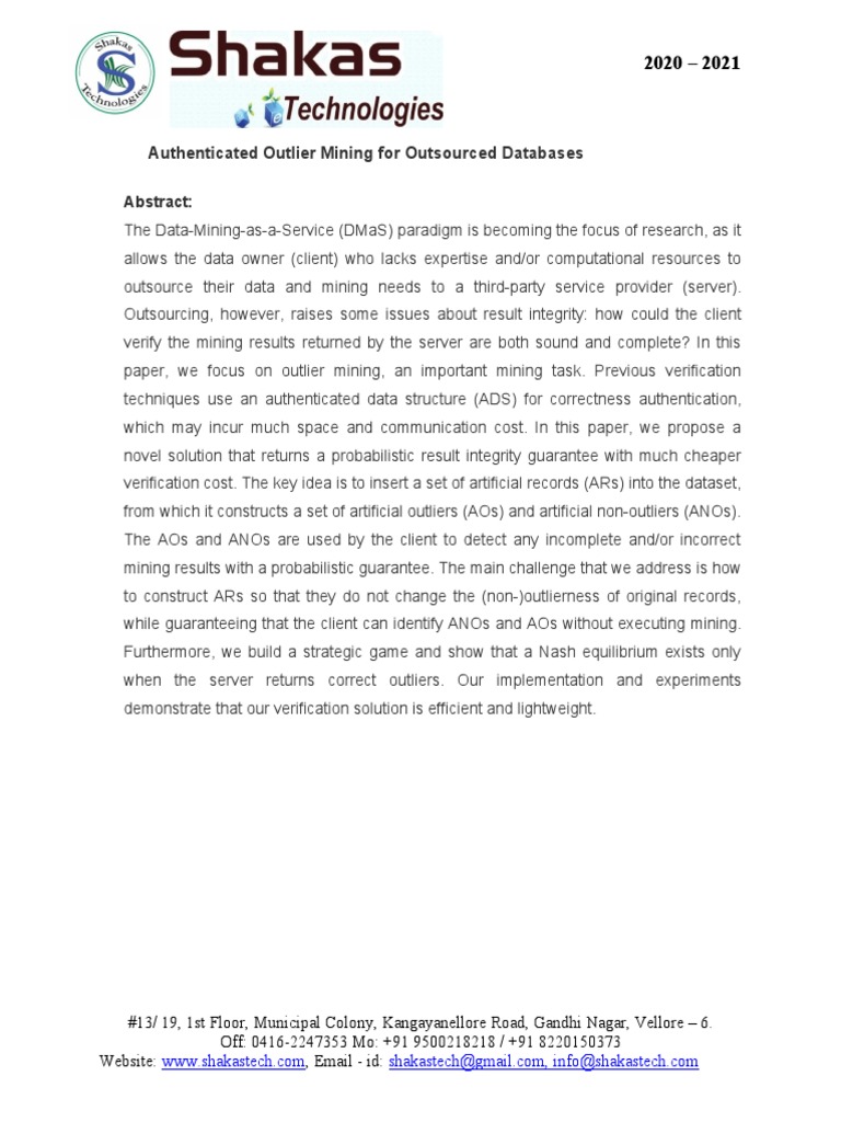 Authenticated Outlier Mining For Outsourced Databases | PDF