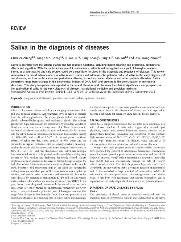 Saliva in The Diagnosis of Diseases | PDF | Saliva | Biomarker