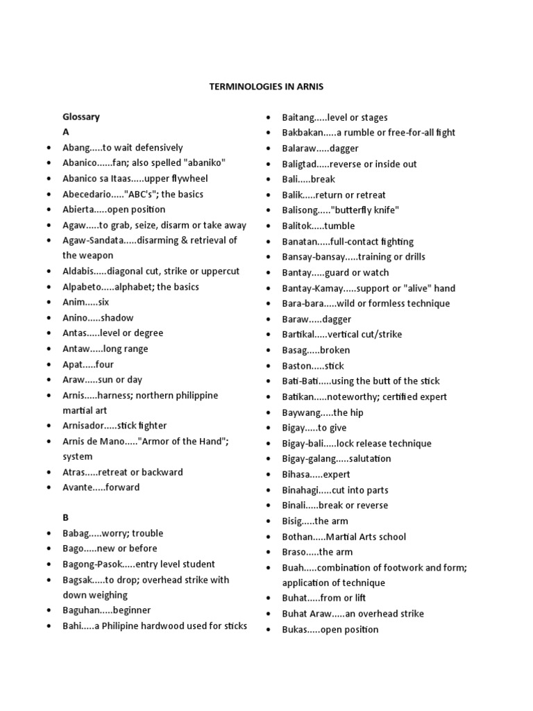 Terminologies in Arnis Glossary A | PDF | Individual Sports | Combat Sports