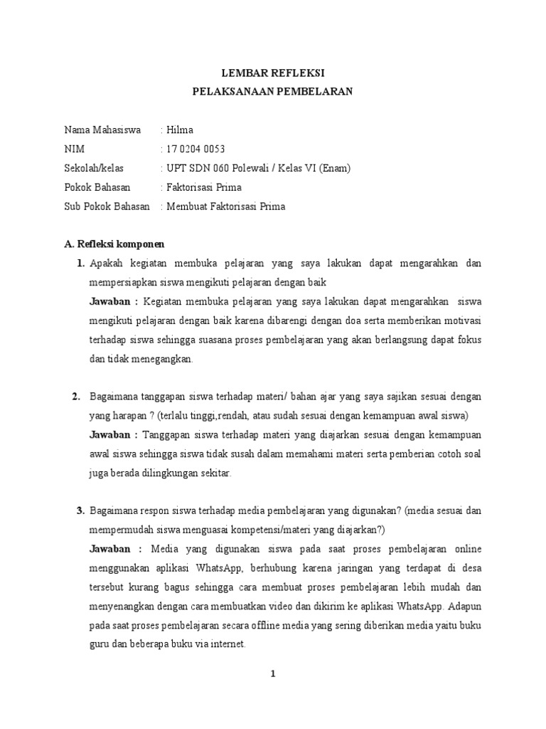 Lembar Refleksi Kegiatan Pembelajaran (Mahasiswa) | PDF