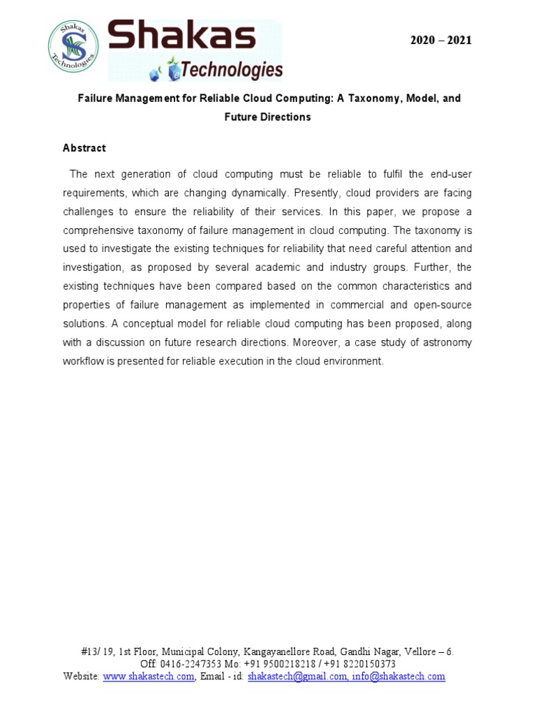Failure Management For Reliable Cloud Computing A Taxonomy, Model, and ...