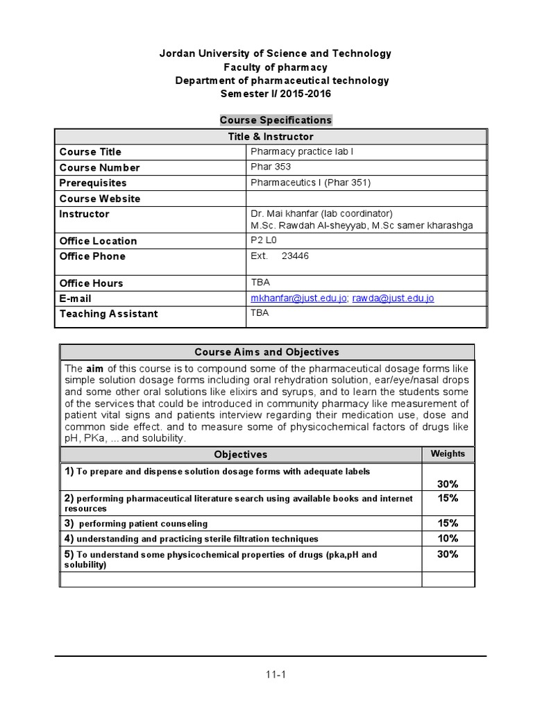 353 Pharmacy Practice Lab I | PDF | Pharmacy | Dose (Biochemistry)
