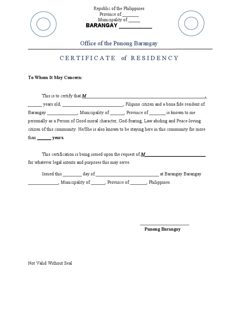 Office of The Punong Barangay Certificate of Residency | PDF