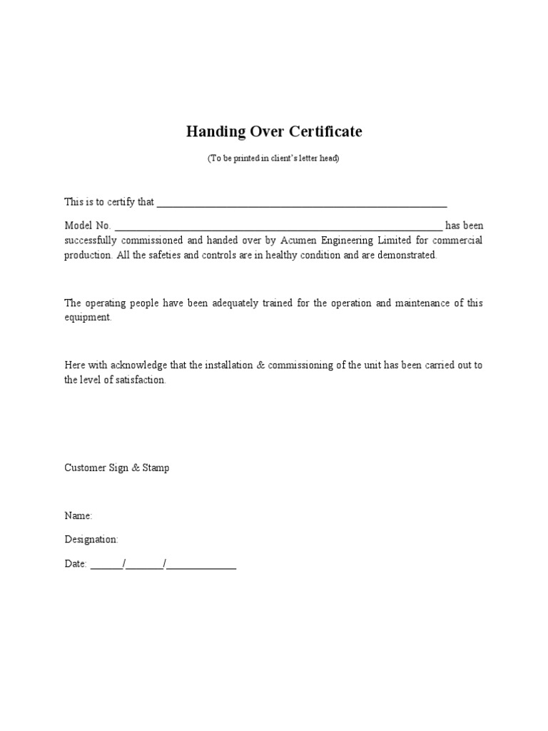 Handing Over Certificate | PDF