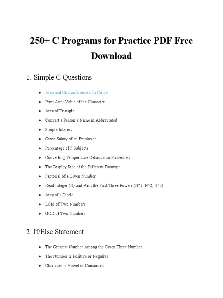 250+ C Programs For Practice PDF | Download Free PDF | Matrix (Mathematics) | String (Computer ...