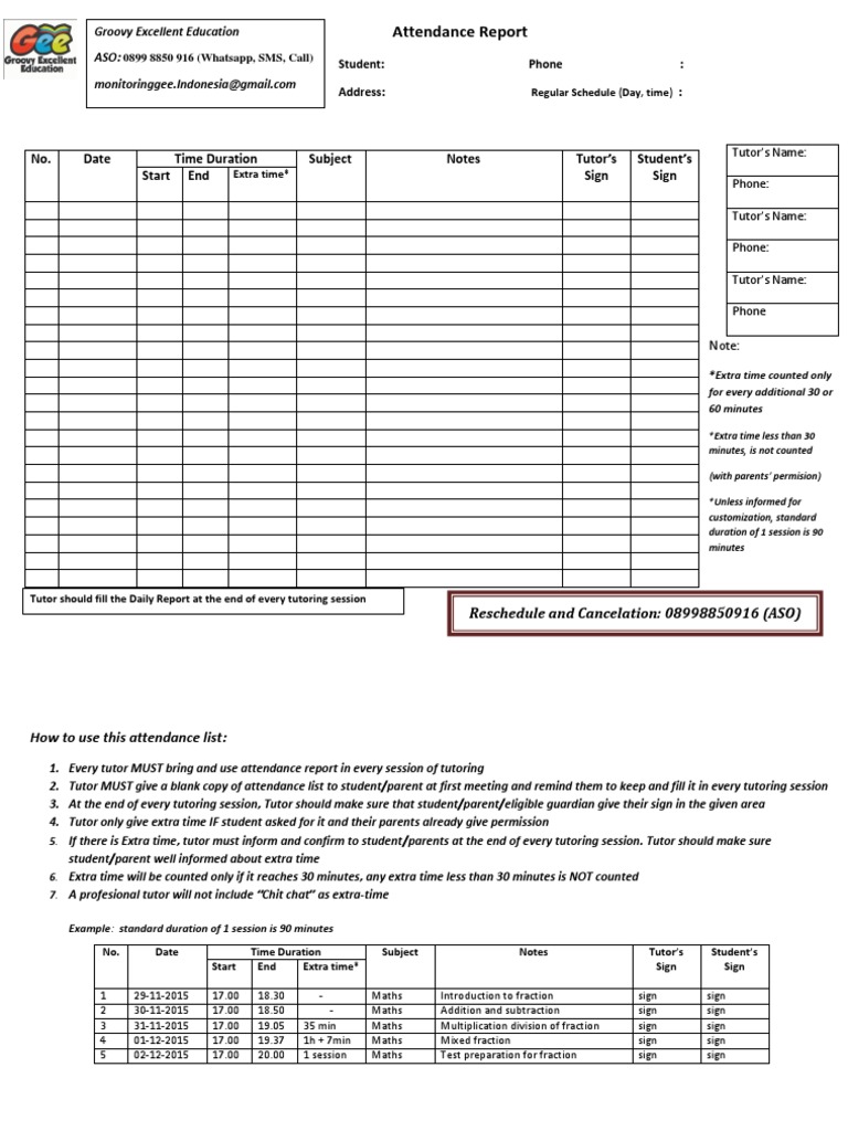 Attendance Report: No. Date Time Duration Subject Notes Tutor's Sign ...