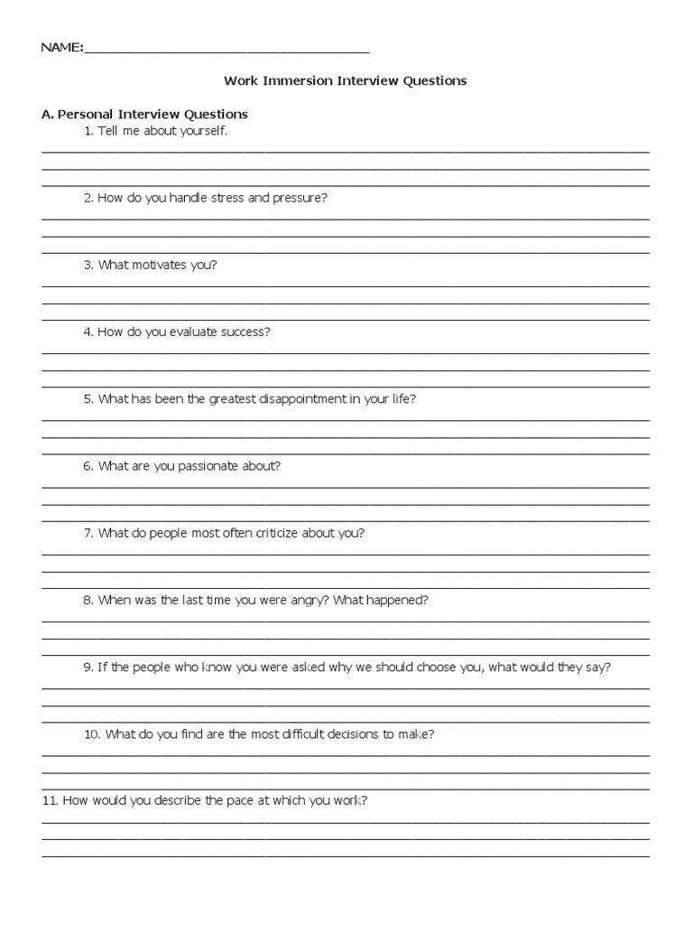 NAME: - Work Immersion Interview Questions A. Personal Interview Questions | Download Free PDF ...
