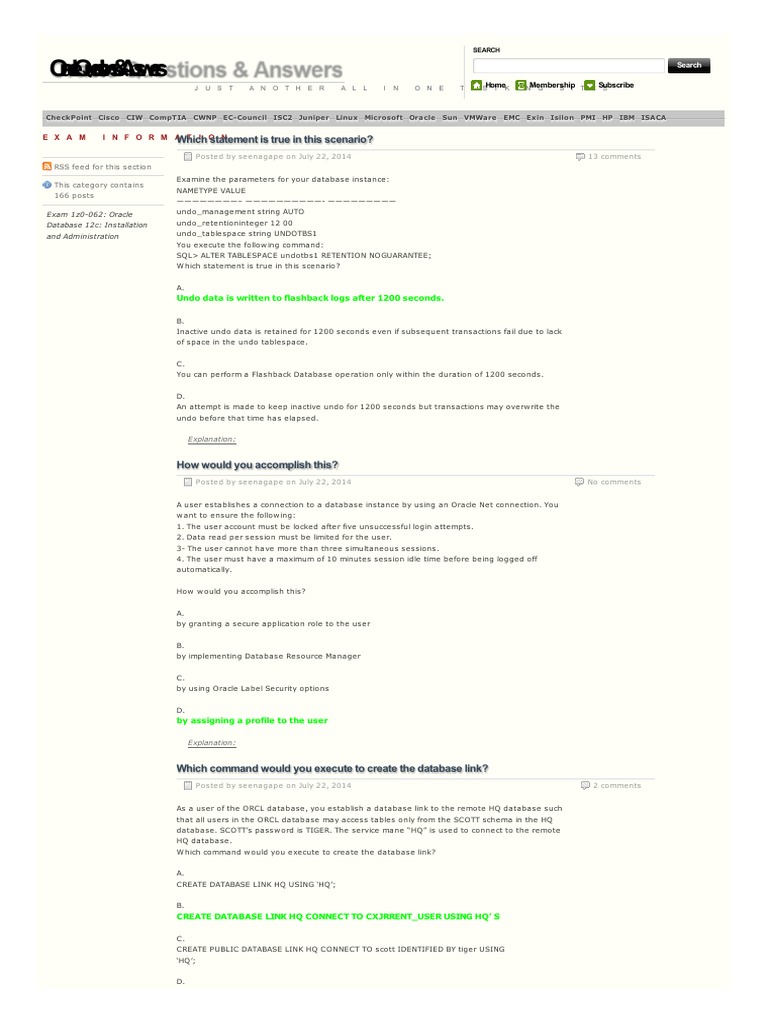 Oracle Questions & Answers: Which Statement Is True in This Scenario? | PDF | Sql | Databases