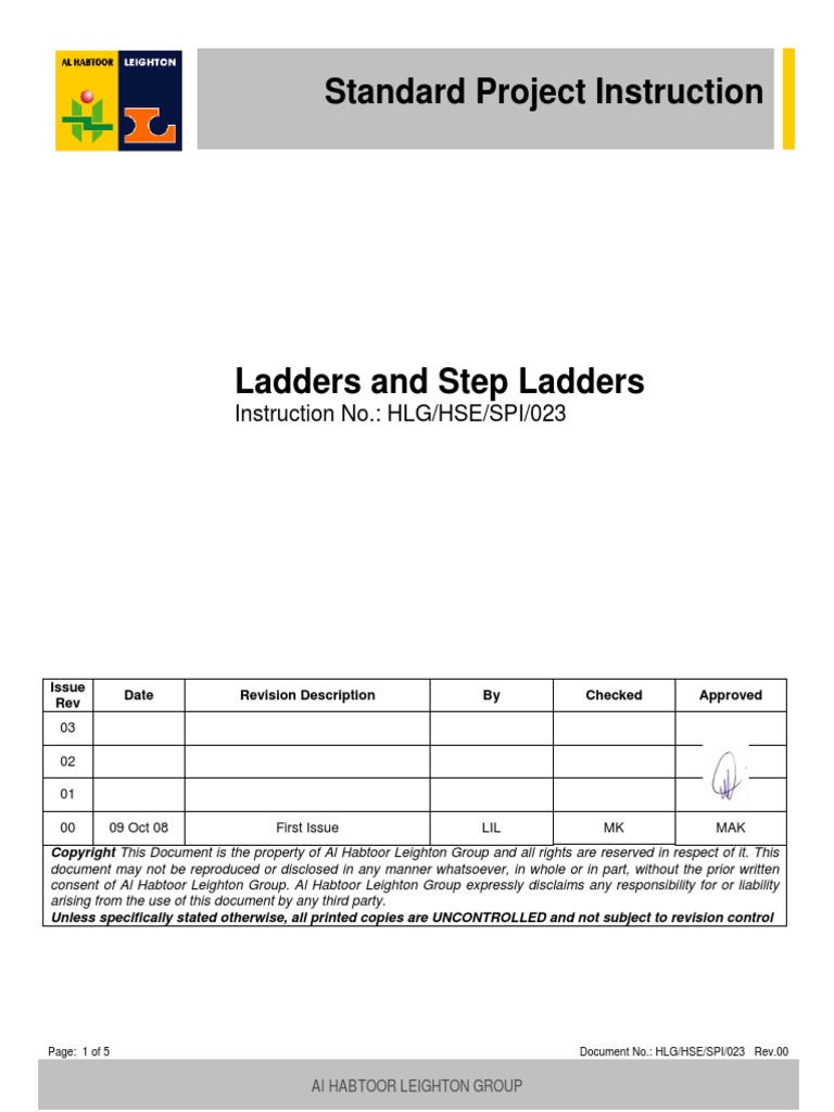 HLG HSE SPI 023 Rev 00 Ladders and Step Ladders | PDF | Ladder ...