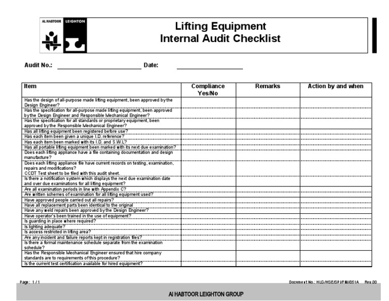 HLG HSE SPI FM 051A Rev 00 Lifting Equipment Audit Checklist | PDF ...