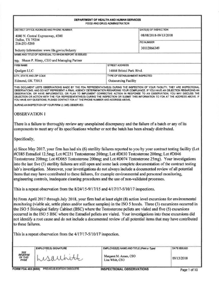 FDA 483 Observations for Qualgen LLC | PDF | Pharmaceutical Sciences ...