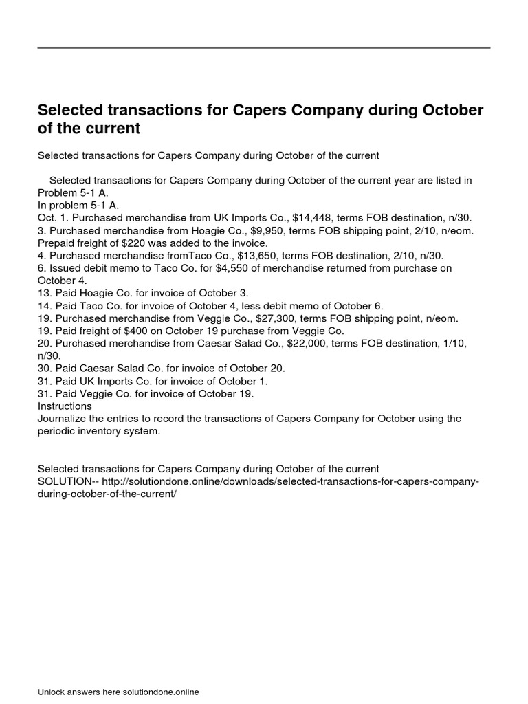 Selected Transactions For Capers Company During October of The Current ...