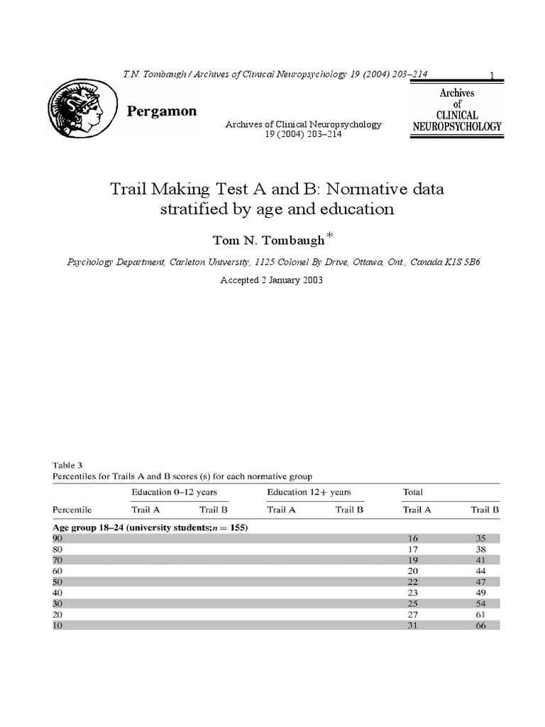 Trail Making Test A & B Norms by Age | PDF