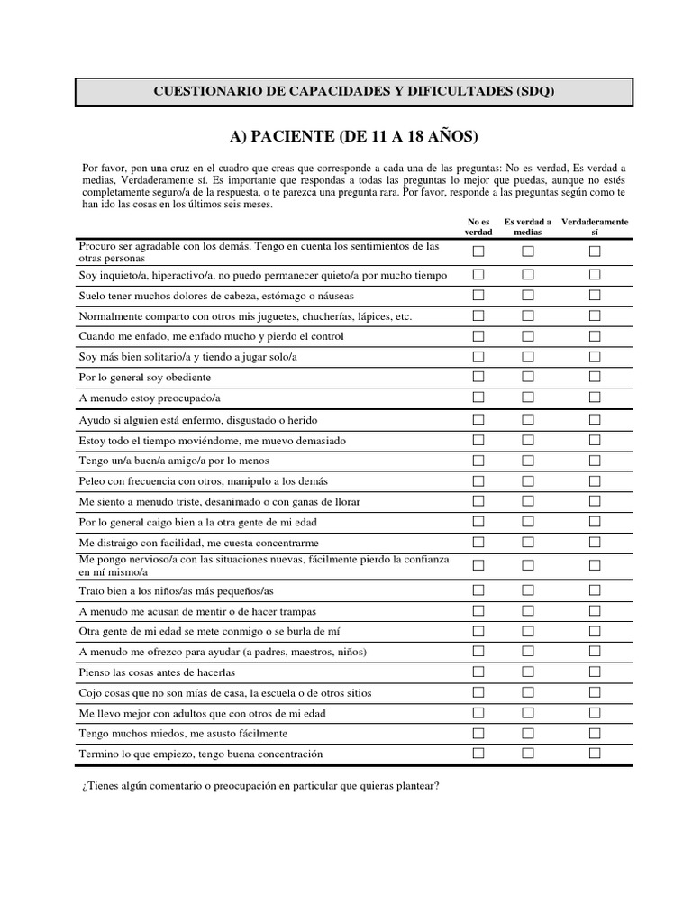 A) Paciente (De 11 A 18 Años) : Cuestionario de Capacidades Y Dificultades (SDQ) | Descargar ...