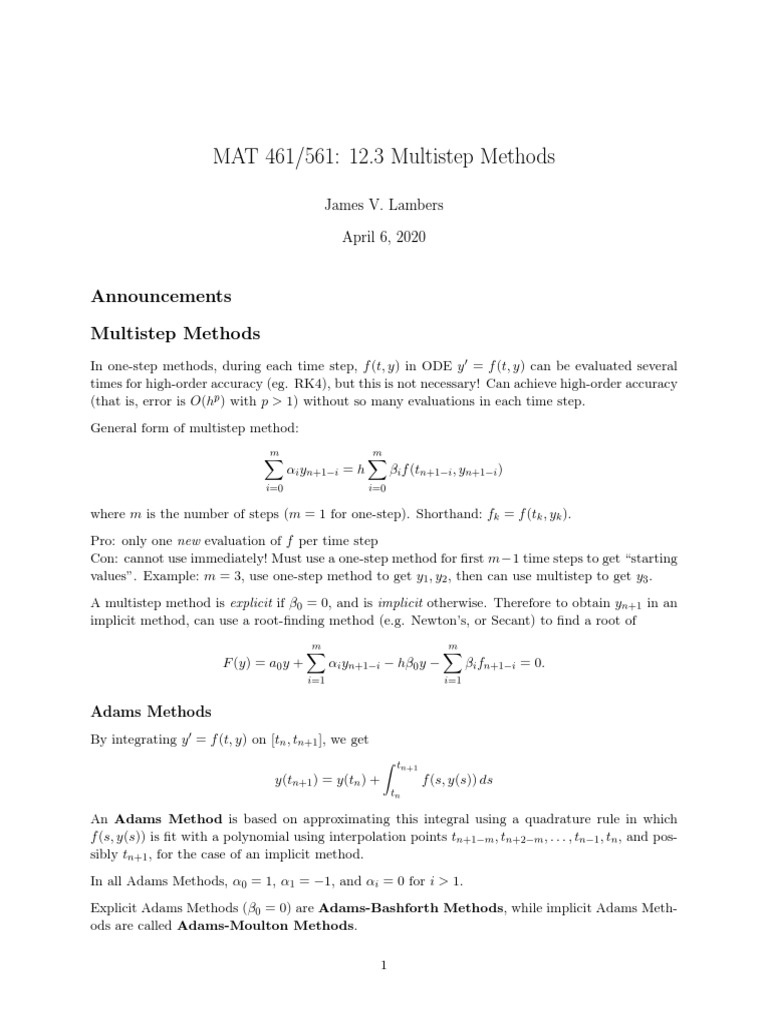 MAT 461/561: 12.3 Multistep Methods | PDF | Mathematical Relations | Numerical Analysis