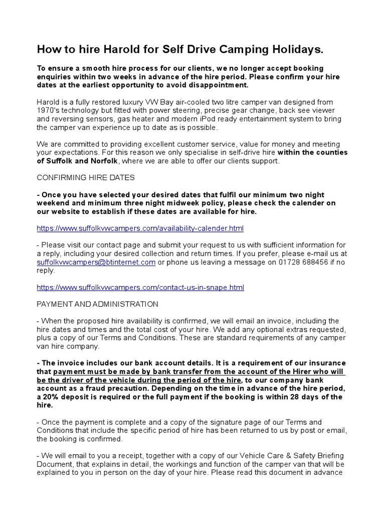 Hire Harold: Luxury VW Camper Guide | PDF | Driver's License | Business