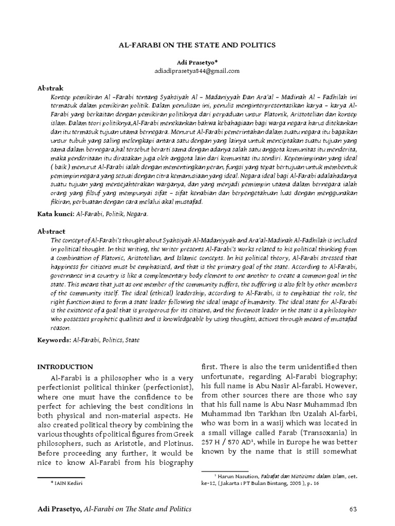Al-Farabi On The State and Politics: Abstrak | PDF