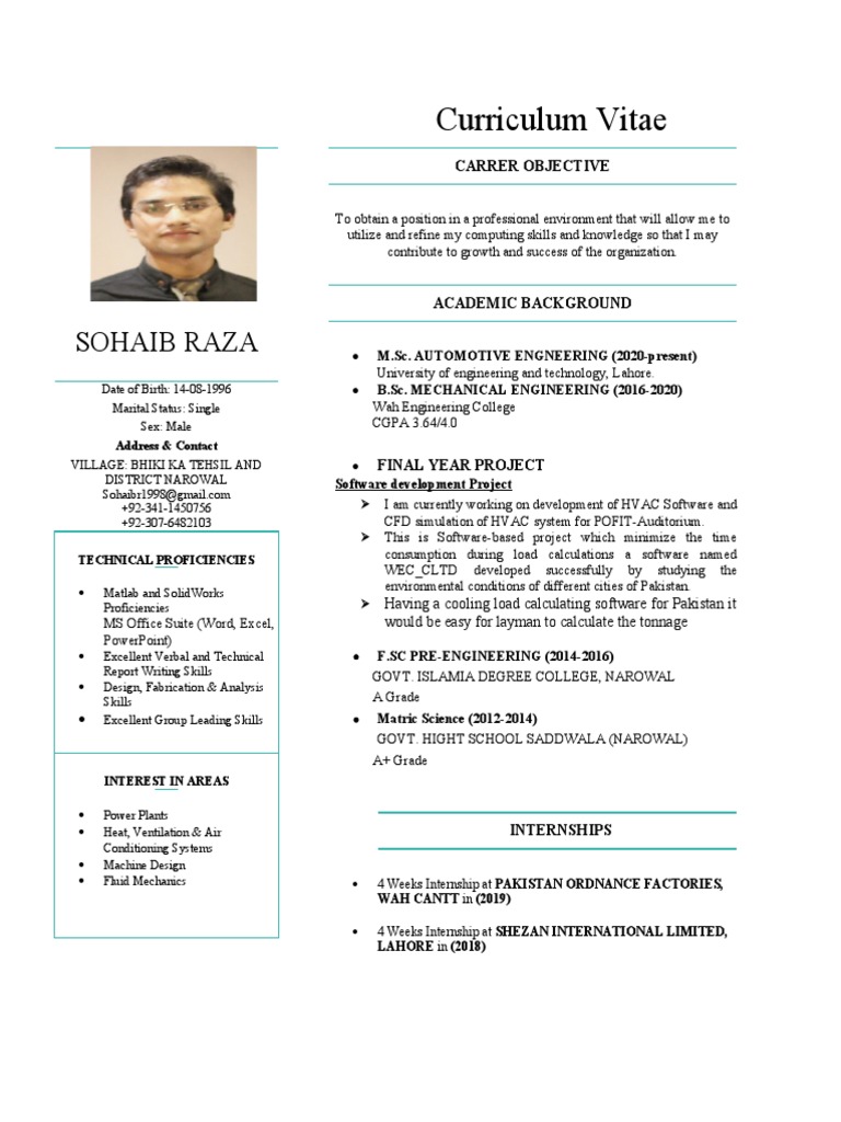 Curriculum Vitae: Sohaib Raza | PDF | Mechanical Engineering | Engineering