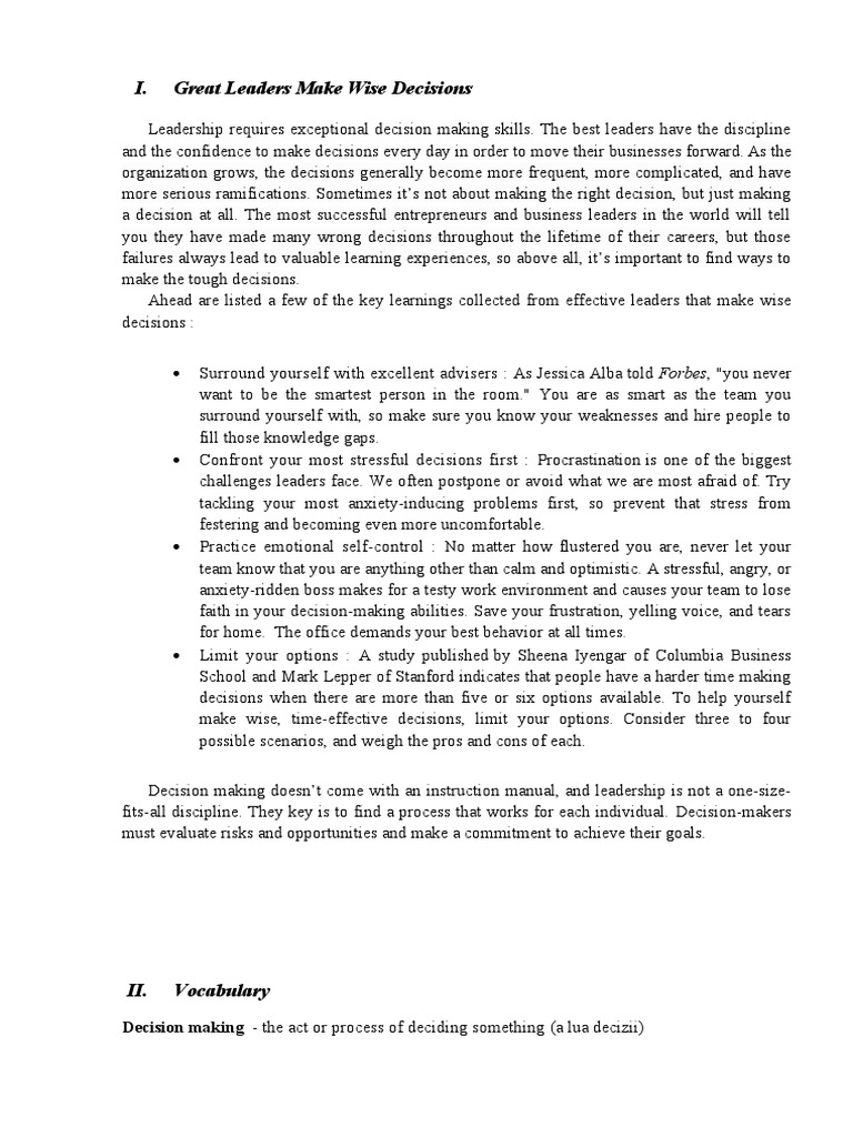 I. Great Leaders Make Wise Decisions: Decision Making - The Act or ...