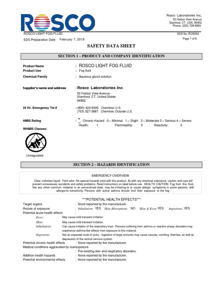 Safety Data Sheet: Rosco Light Fog Fluid | PDF | Toxicity | Safety