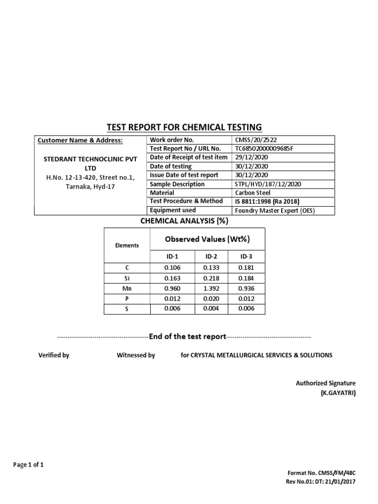 Test Report For Chemical Testing: Chemical Analysis (%) Observed Values ...