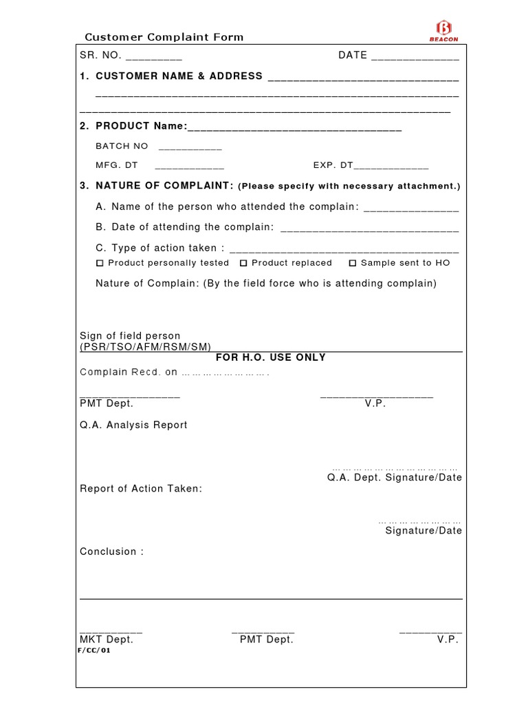 Customer Complaint Form | PDF