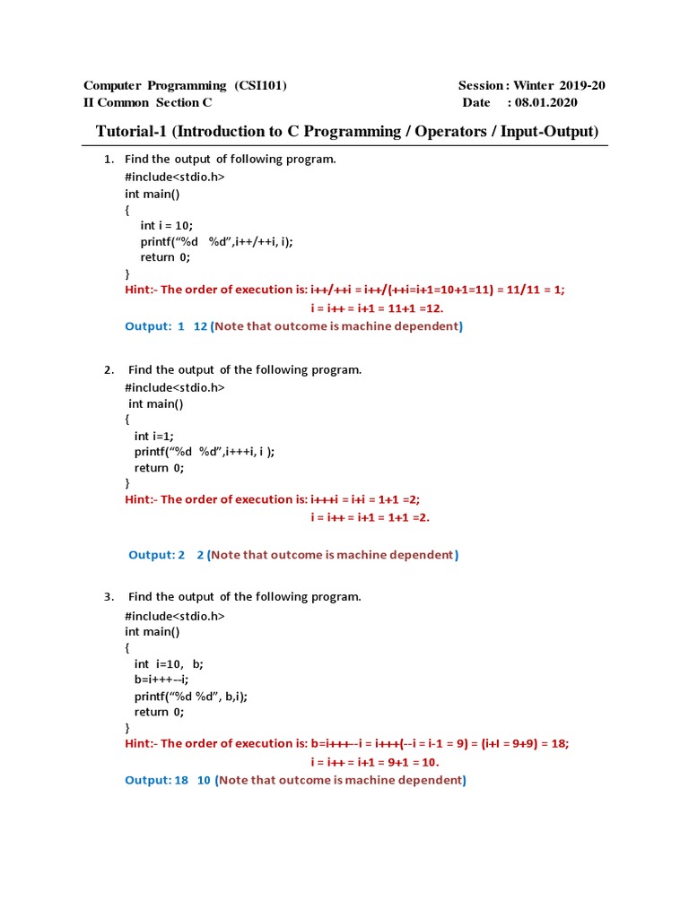 Tutorial 1 Introduction To C Programming Operators Input Output Pdf 4957
