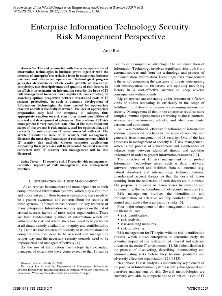 Enterprise Information Technology Security: Risk Management Perspective ...