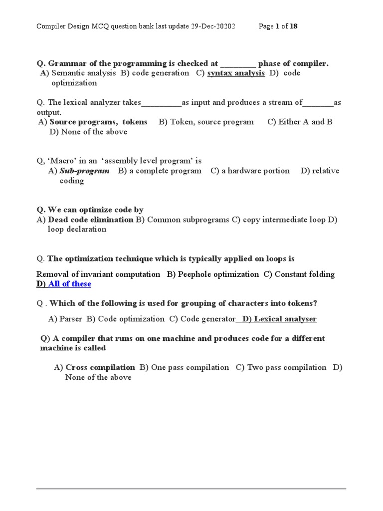 Compiler Design MCQ Question Bank Last Update 29-Dec-20202 Page 1 of 18 ...