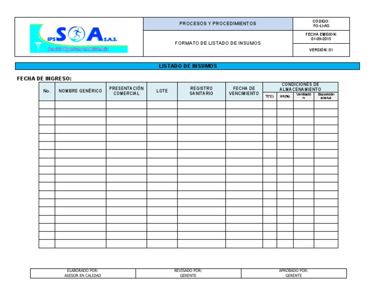 Formato Listado de Insumos | PDF