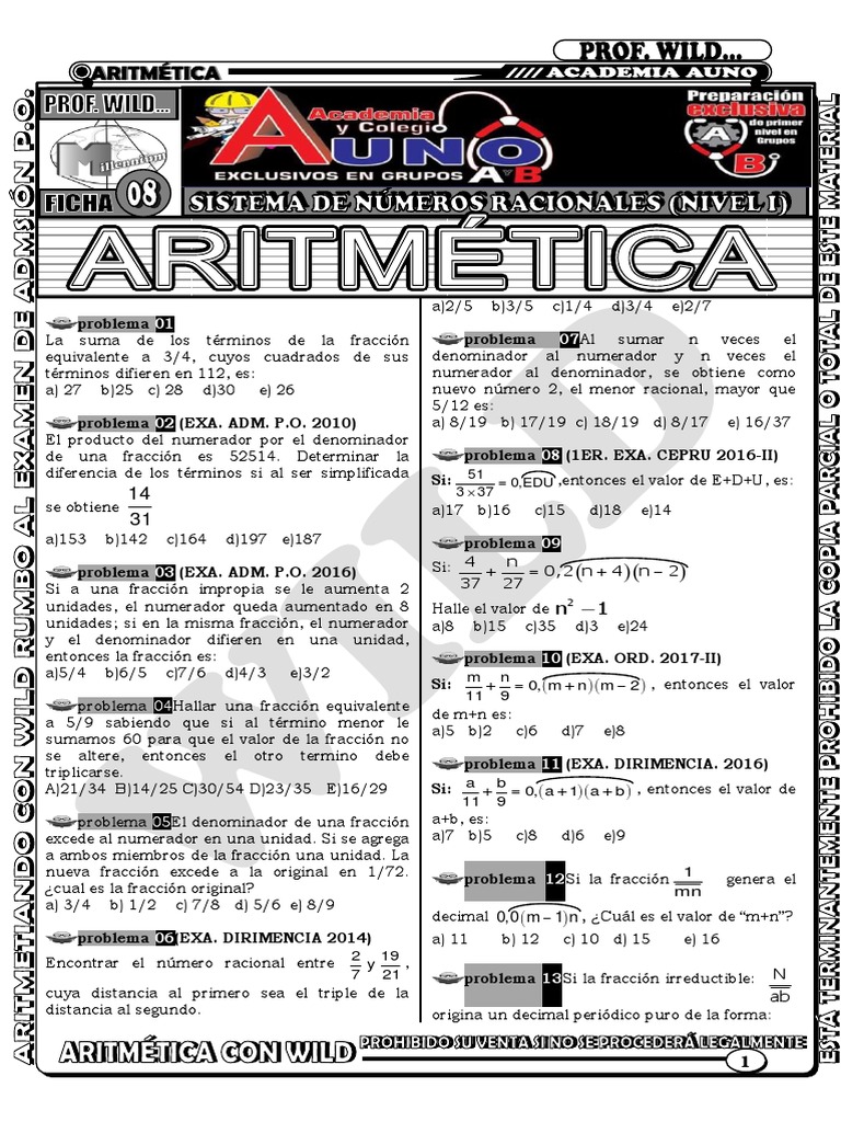 Sistema de Números Racionales (Ficha 8) Auno P.O. Ab Ok | PDF ...