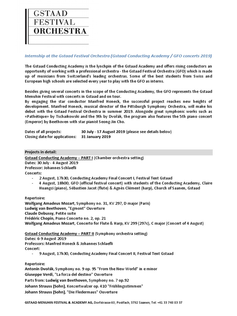 Internship Gstaad Festival Orchestra 2019 Information - Conditions and ...