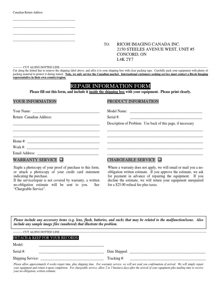 Repair Information Form: Ricoh Imaging Canada Inc. 2150 Steeles Avenue ...