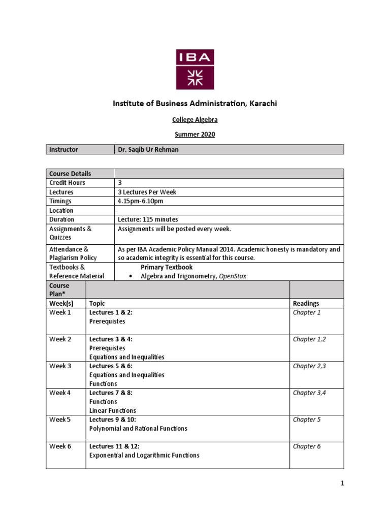 Course Outline CollegeAlgebra | PDF | Trigonometric Functions ...