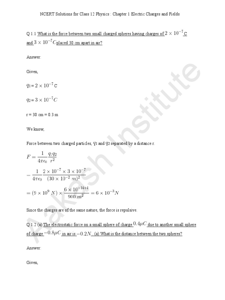 Class 12 Physics Chapter 1 Electric Charges and Fields PDF | PDF ...