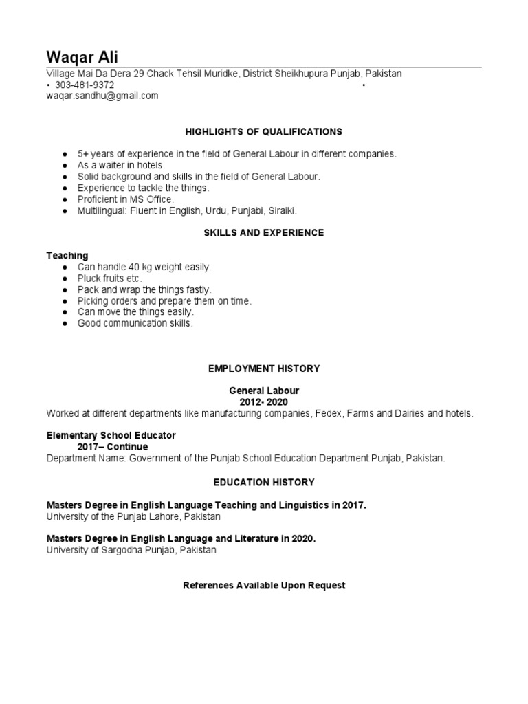 General Labour Resume | PDF