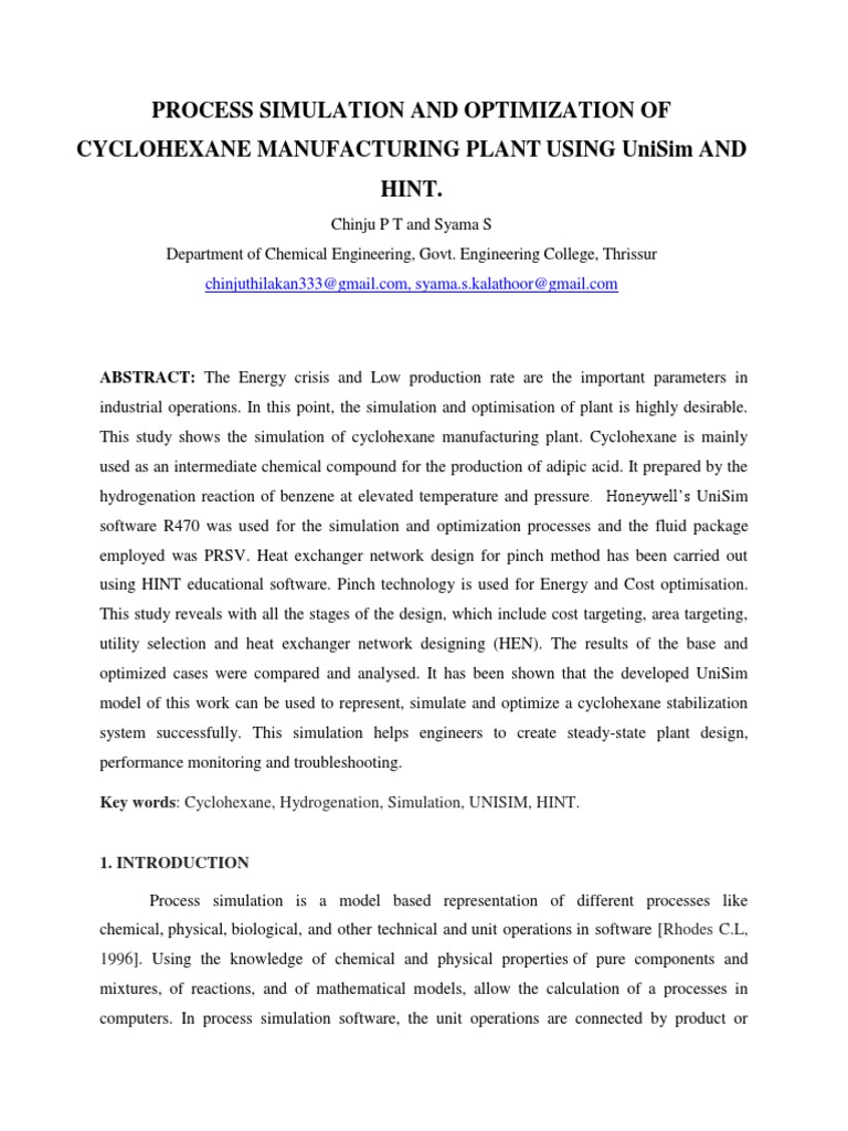 Process Simulation and Optimization of Cyclohexane Manufacturing Plant ...