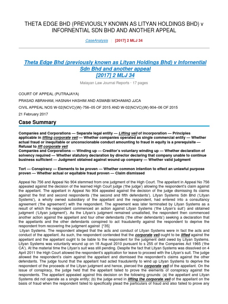 Theta Edge Bhd: Corporate Veil Appeal | PDF